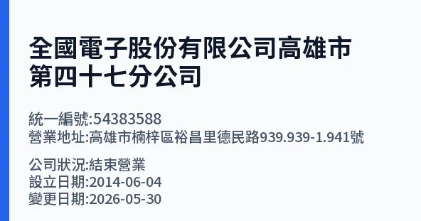 全國電子股份有限公司高雄市第四十七分公司的照片-統編 54383588(高雄市) 公司登記資料與營業項目詳細圖表