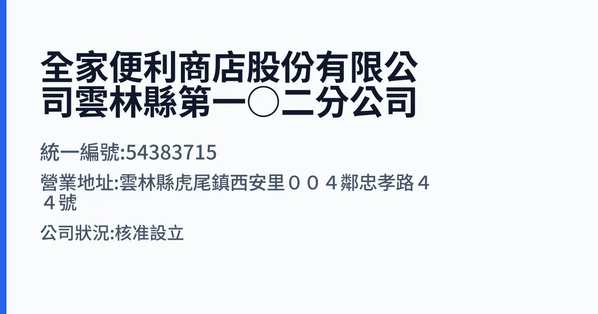 全家便利商店股份有限公司雲林縣第一○二分公司 - 統編 54383715(雲林縣) 公司登記資料與營業項目詳細圖表