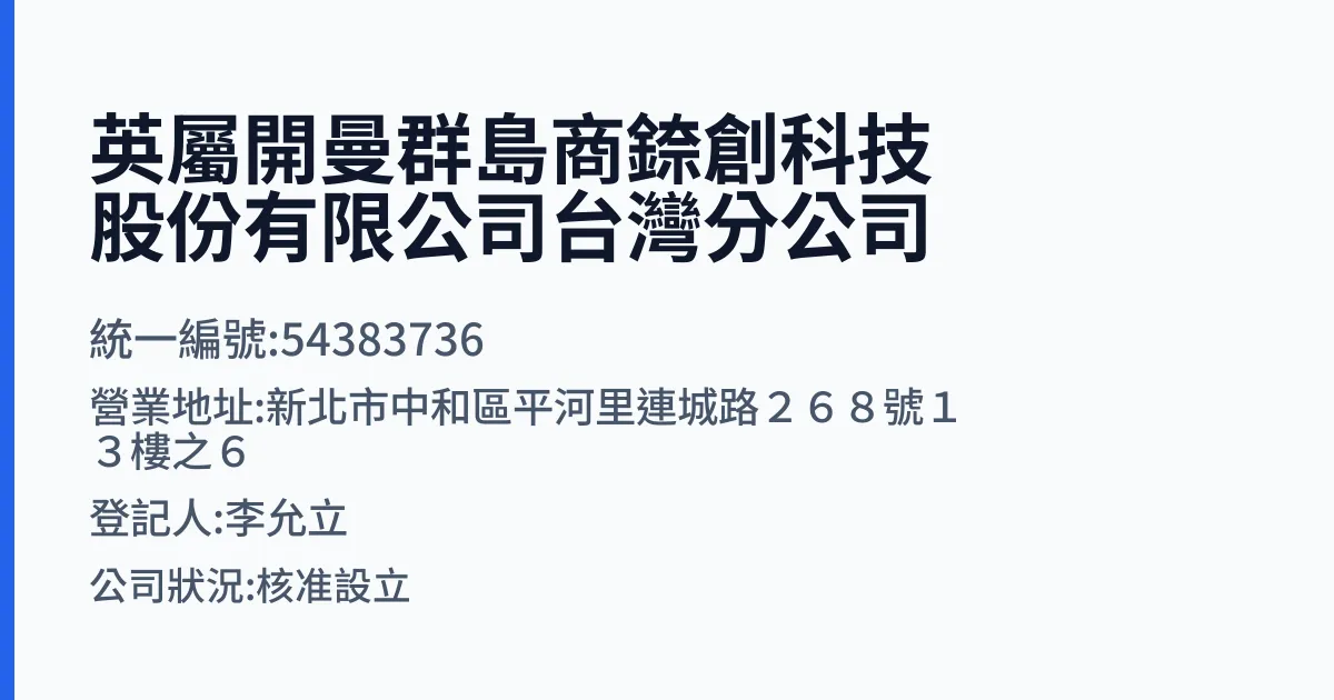 英屬開曼群島商錼創科技股份有限公司台灣分公司 - 統編 54383736(新北市) 公司登記資料與營業項目詳細圖表