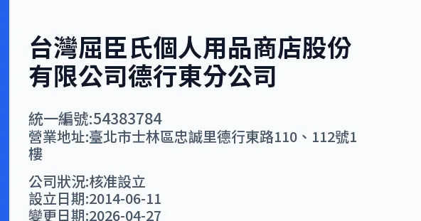 台灣屈臣氏個人用品商店股份有限公司德行東分公司的照片-統編 54383784(臺北市) 公司登記資料與營業項目詳細圖表