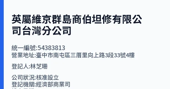 英屬維京群島商伯坦修有限公司台灣分公司的照片-統編 54383813(臺中市) 公司登記資料與營業項目詳細圖表