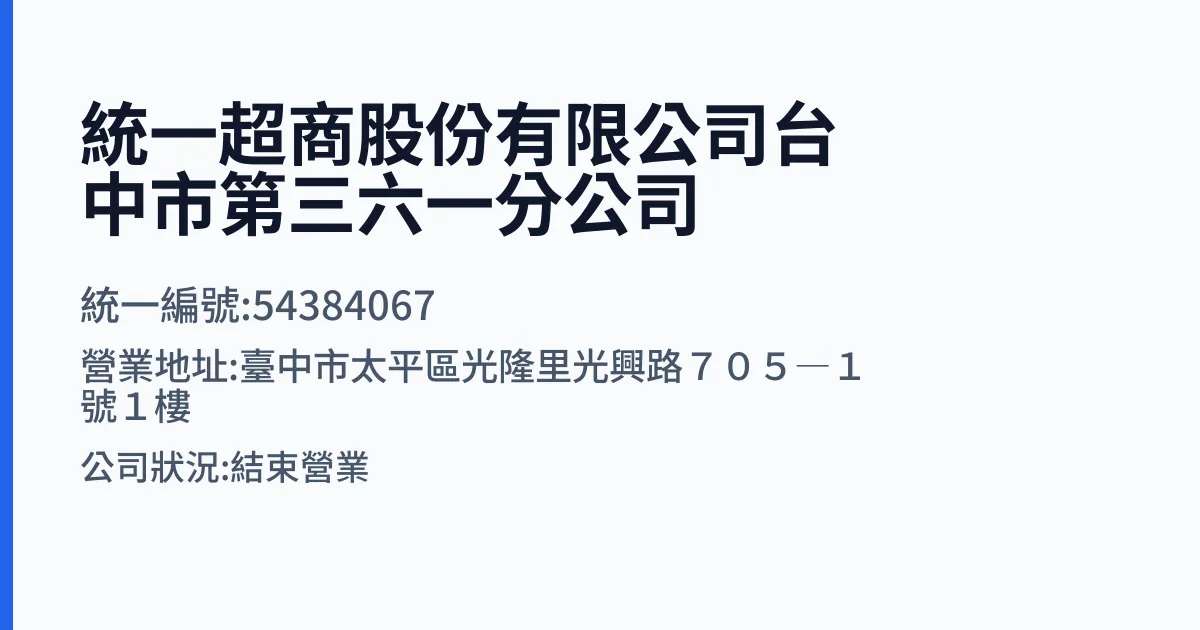統一超商股份有限公司台中市第三六一分公司 - 統編 54384067(臺中市) 公司登記資料與營業項目詳細圖表