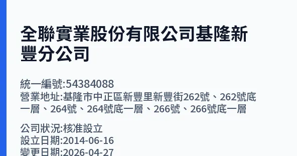 全聯實業股份有限公司基隆新豐分公司的照片-統編 54384088(基隆市) 公司登記資料與營業項目詳細圖表