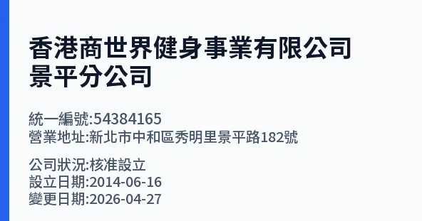 香港商世界健身事業有限公司景平分公司的照片-統編 54384165(新北市) 公司登記資料與營業項目詳細圖表