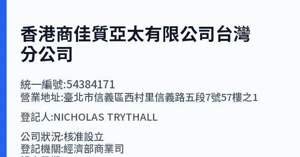 香港商佳質亞太有限公司台灣分公司的照片-統編 54384171(臺北市) 公司登記資料與營業項目詳細圖表