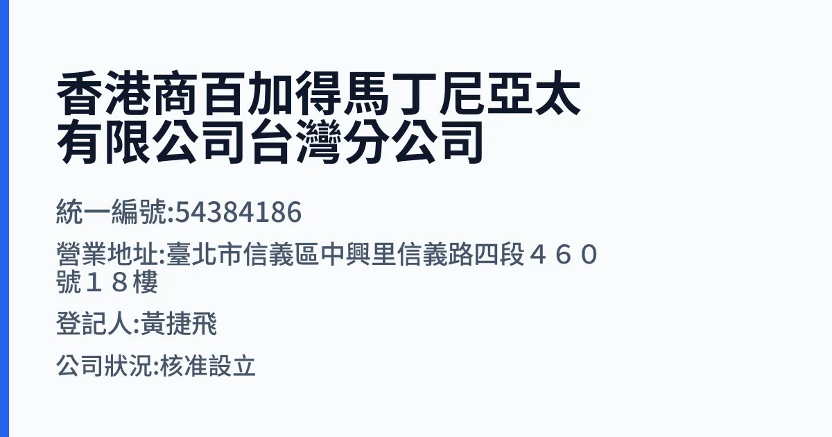 香港商百加得馬丁尼亞太有限公司台灣分公司 - 統編 54384186(臺北市) 公司登記資料與營業項目詳細圖表