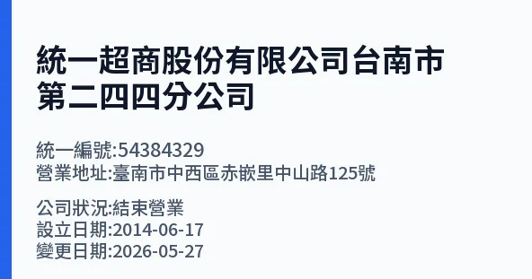 統一超商股份有限公司台南市第二四四分公司的照片-統編 54384329(臺南市) 公司登記資料與營業項目詳細圖表