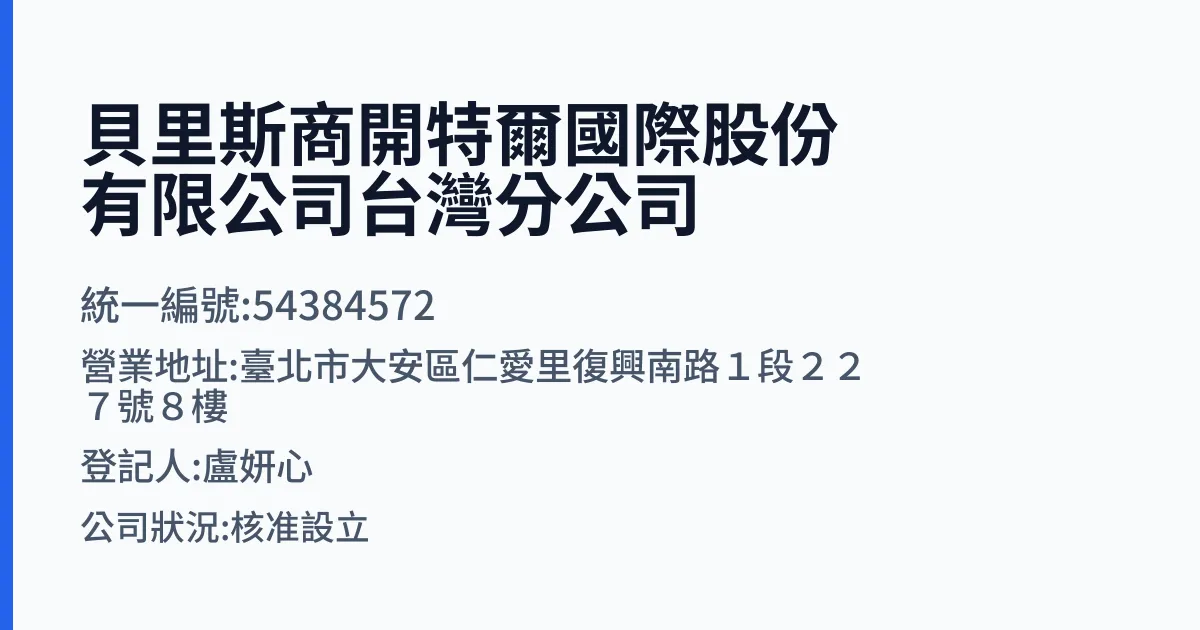 貝里斯商開特爾國際股份有限公司台灣分公司 - 統編 54384572(臺北市) 公司登記資料與營業項目詳細圖表