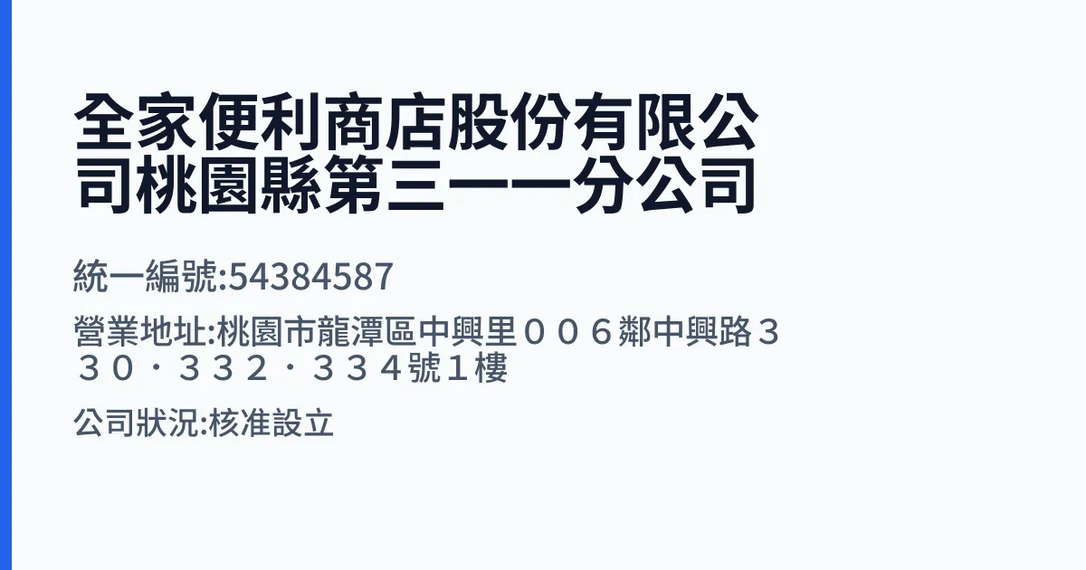 全家便利商店股份有限公司桃園縣第三一一分公司 - 統編 54384587(桃園市) 公司登記資料與營業項目詳細圖表