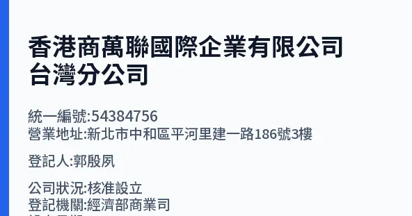 香港商萬聯國際企業有限公司台灣分公司的照片-統編 54384756(新北市) 公司登記資料與營業項目詳細圖表