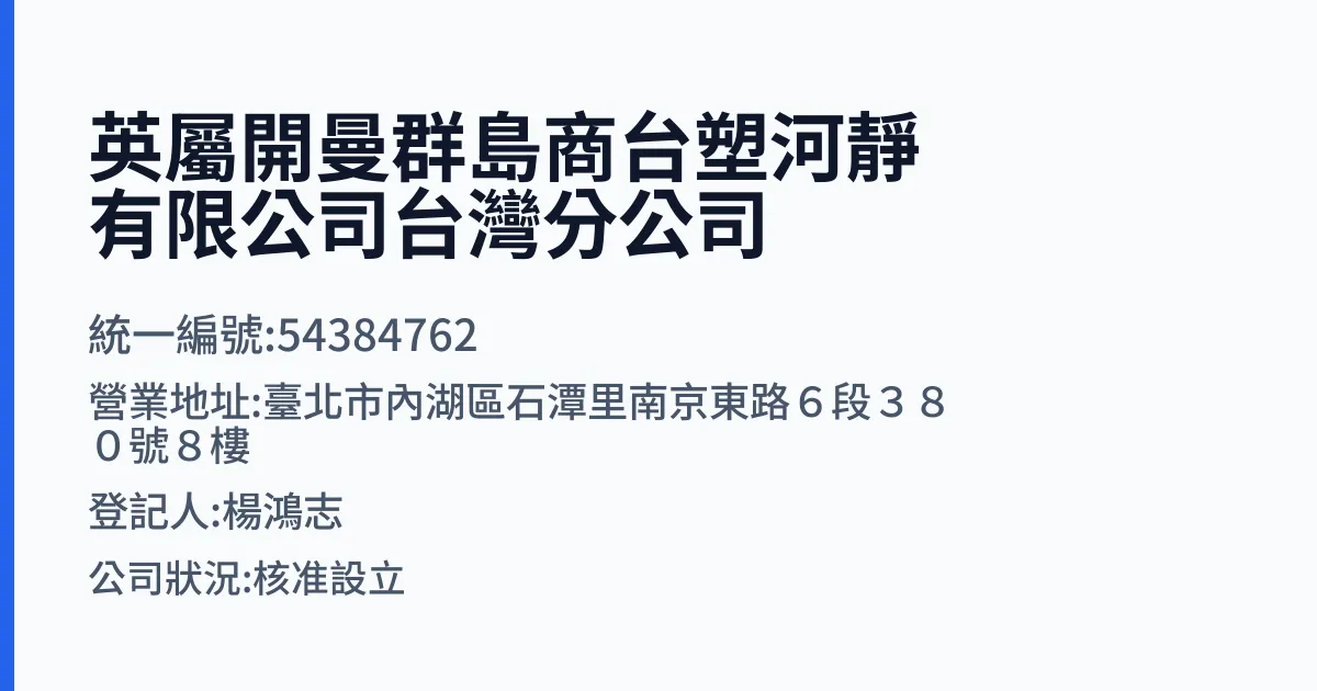 英屬開曼群島商台塑河靜有限公司台灣分公司 - 統編 54384762(臺北市) 公司登記資料與營業項目詳細圖表