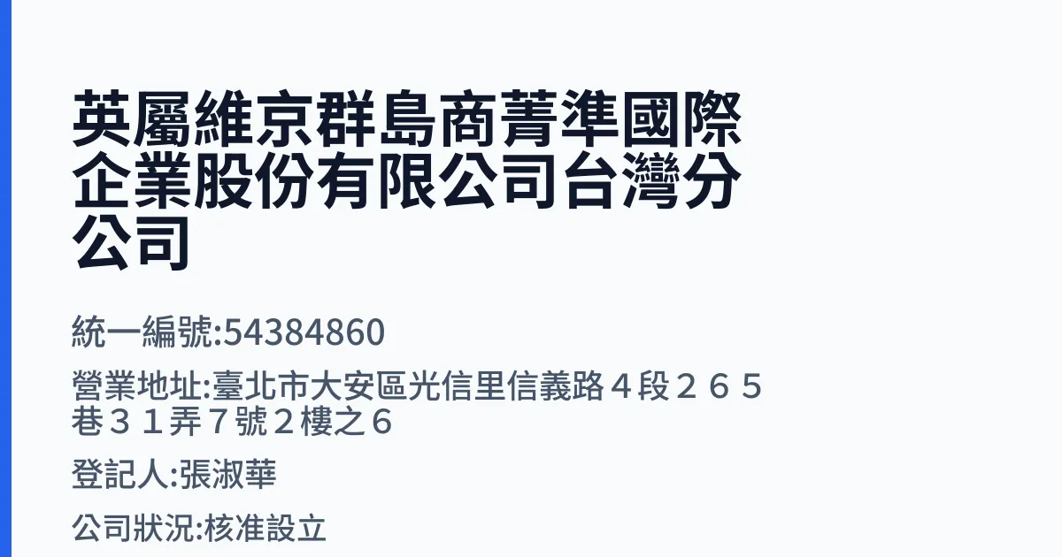 英屬維京群島商菁準國際企業股份有限公司台灣分公司 - 統編 54384860(臺北市) 公司登記資料與營業項目詳細圖表