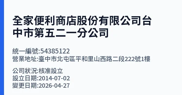 全家便利商店股份有限公司台中市第五二一分公司的照片-統編 54385122(臺中市) 公司登記資料與營業項目詳細圖表
