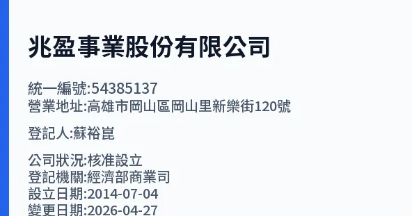 兆盈事業股份有限公司的照片-統編 54385137(高雄市) 公司登記資料與營業項目詳細圖表