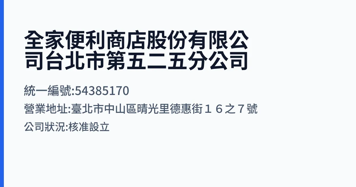 全家便利商店股份有限公司台北市第五二五分公司 - 統編 54385170(臺北市) 公司登記資料與營業項目詳細圖表