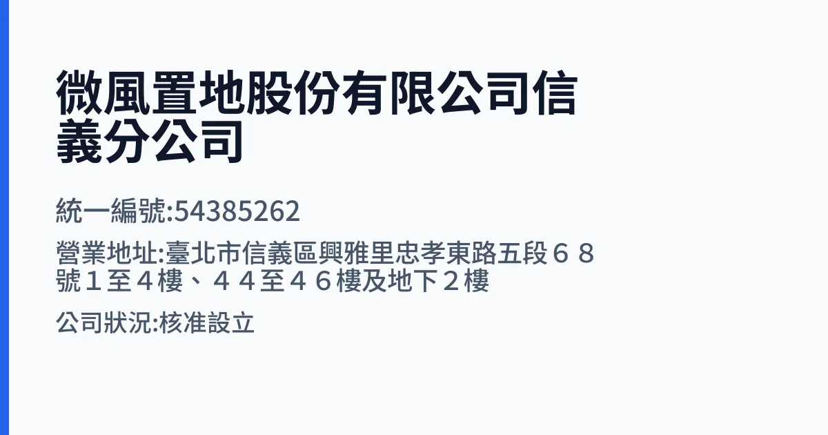 微風置地股份有限公司信義分公司 - 統編 54385262(臺北市) 公司登記資料與營業項目詳細圖表