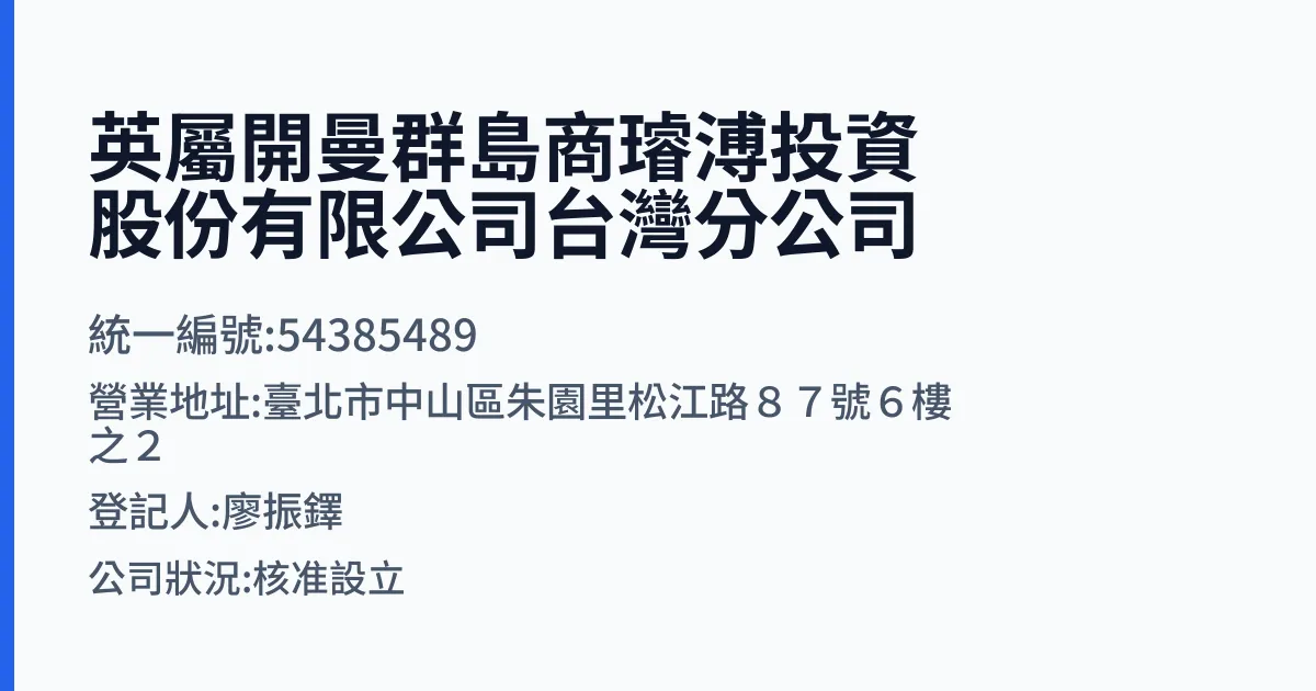英屬開曼群島商璿溥投資股份有限公司台灣分公司 - 統編 54385489(臺北市) 公司登記資料與營業項目詳細圖表