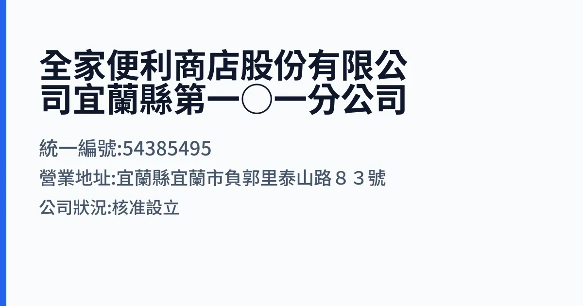 全家便利商店股份有限公司宜蘭縣第一○一分公司 - 統編 54385495(宜蘭縣) 公司登記資料與營業項目詳細圖表