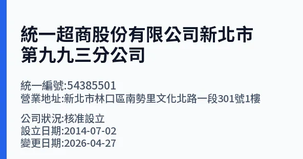 統一超商股份有限公司新北市第九九三分公司的照片-統編 54385501(新北市) 公司登記資料與營業項目詳細圖表