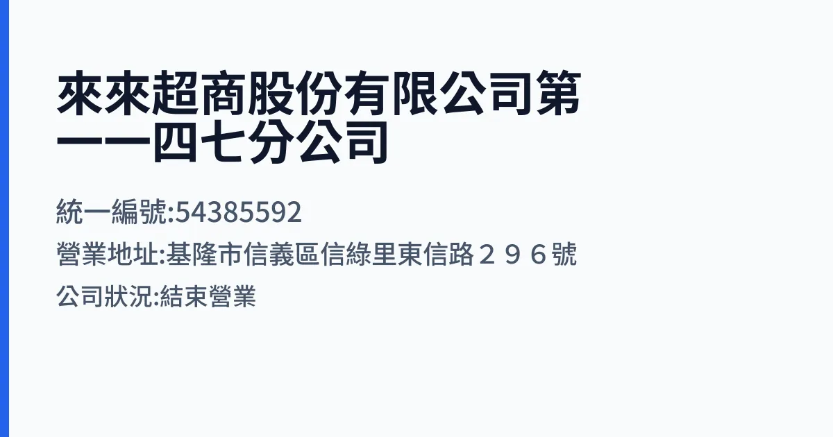 來來超商股份有限公司第一一四七分公司 - 統編 54385592(基隆市) 公司登記資料與營業項目詳細圖表
