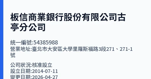 板信商業銀行股份有限公司古亭分公司的照片-統編 54385988(臺北市) 公司登記資料與營業項目詳細圖表