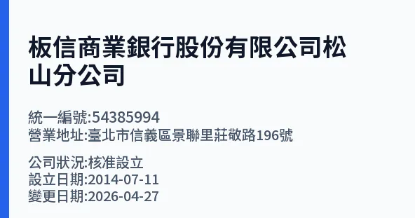 板信商業銀行股份有限公司松山分公司的照片-統編 54385994(臺北市) 公司登記資料與營業項目詳細圖表