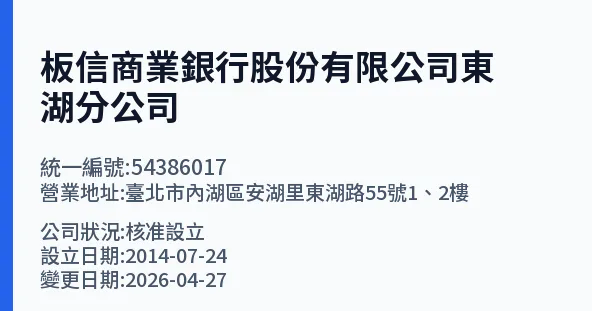 板信商業銀行股份有限公司東湖分公司的照片-統編 54386017(臺北市) 公司登記資料與營業項目詳細圖表