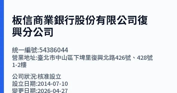 板信商業銀行股份有限公司復興分公司的照片-統編 54386044(臺北市) 公司登記資料與營業項目詳細圖表