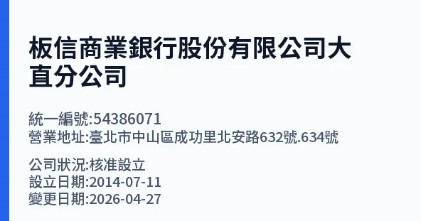 板信商業銀行股份有限公司大直分公司的照片-統編 54386071(臺北市) 公司登記資料與營業項目詳細圖表