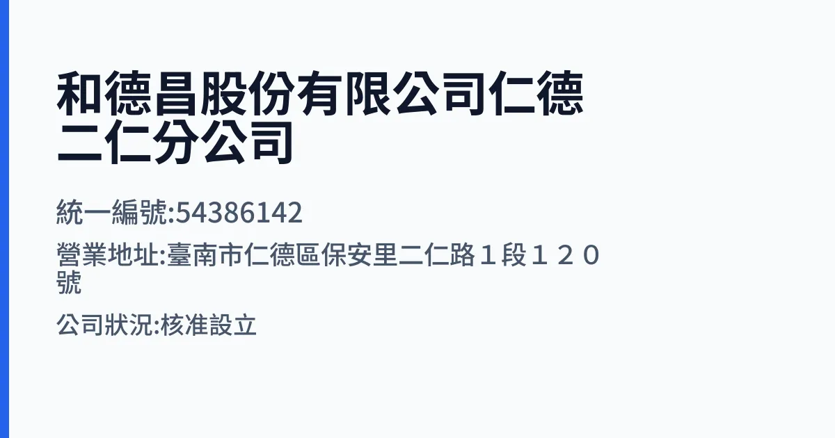 和德昌股份有限公司仁德二仁分公司 - 統編 54386142(臺南市) 公司登記資料與營業項目詳細圖表
