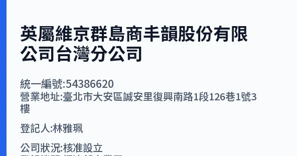 英屬維京群島商丰韻股份有限公司台灣分公司的照片-統編 54386620(臺北市) 公司登記資料與營業項目詳細圖表