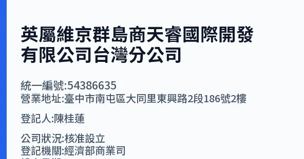 英屬維京群島商天睿國際開發有限公司台灣分公司的照片-統編 54386635(臺中市) 公司登記資料與營業項目詳細圖表