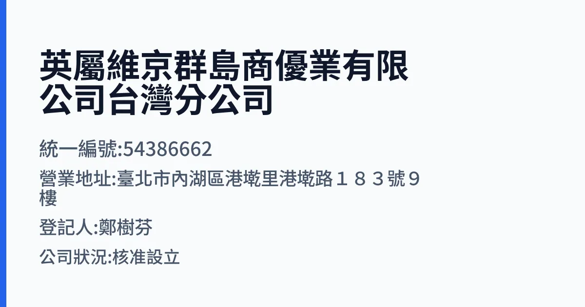 英屬維京群島商優業有限公司台灣分公司 - 統編 54386662(臺北市) 公司登記資料與營業項目詳細圖表