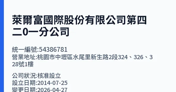 萊爾富國際股份有限公司第四二0一分公司的照片-統編 54386781(桃園市) 公司登記資料與營業項目詳細圖表