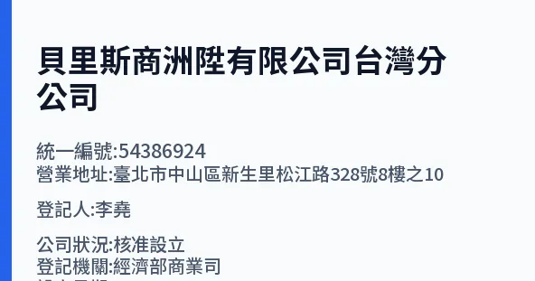 貝里斯商洲陞有限公司台灣分公司的照片-統編 54386924(臺北市) 公司登記資料與營業項目詳細圖表