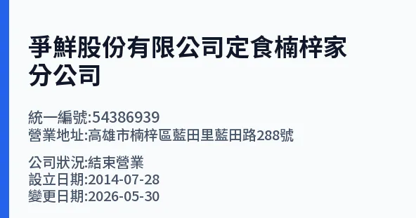 爭鮮股份有限公司定食楠梓家分公司的照片-統編 54386939(高雄市) 公司登記資料與營業項目詳細圖表