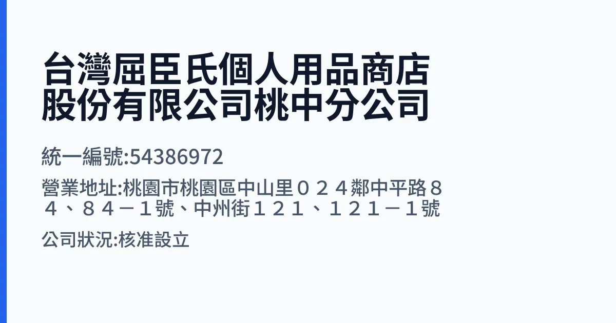 台灣屈臣氏個人用品商店股份有限公司桃中分公司 - 統編 54386972(桃園市) 公司登記資料與營業項目詳細圖表