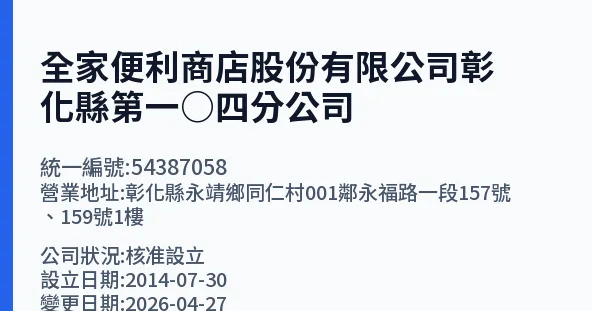 全家便利商店股份有限公司彰化縣第一○四分公司的照片-統編 54387058(彰化縣) 公司登記資料與營業項目詳細圖表