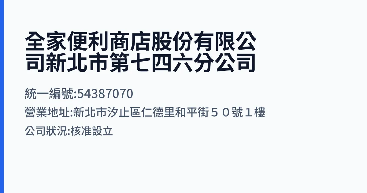 全家便利商店股份有限公司新北市第七四六分公司 - 統編 54387070(新北市) 公司登記資料與營業項目詳細圖表