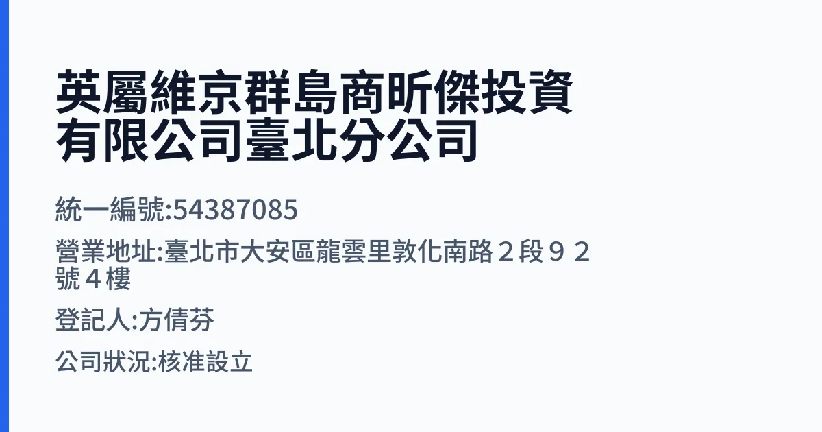 英屬維京群島商昕傑投資有限公司臺北分公司 - 統編 54387085(臺北市) 公司登記資料與營業項目詳細圖表