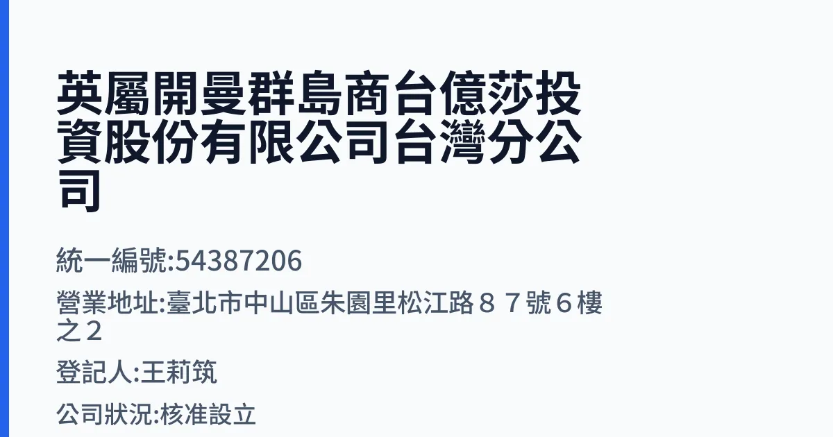英屬開曼群島商台億莎投資股份有限公司台灣分公司 - 統編 54387206(臺北市) 公司登記資料與營業項目詳細圖表