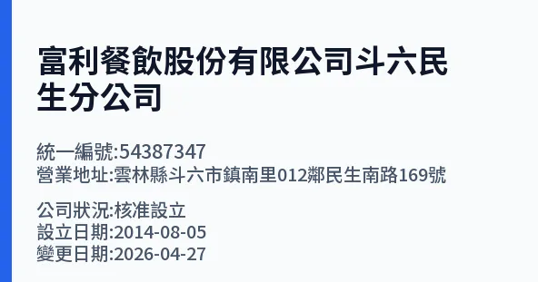 富利餐飲股份有限公司斗六民生分公司的照片-統編 54387347(雲林縣) 公司登記資料與營業項目詳細圖表