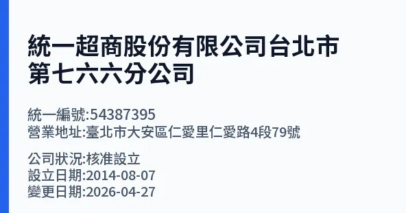 統一超商股份有限公司台北市第七六六分公司的照片-統編 54387395(臺北市) 公司登記資料與營業項目詳細圖表
