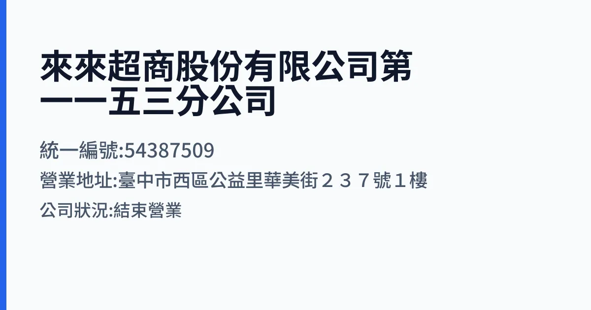 來來超商股份有限公司第一一五三分公司 - 統編 54387509(臺中市) 公司登記資料與營業項目詳細圖表