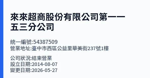 來來超商股份有限公司第一一五三分公司的照片-統編 54387509(臺中市) 公司登記資料與營業項目詳細圖表