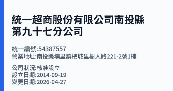 統一超商股份有限公司南投縣第九十七分公司的照片-統編 54387557(南投縣) 公司登記資料與營業項目詳細圖表