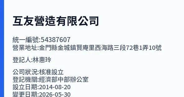 互友營造有限公司的照片-統編 54387607(金門縣) 公司登記資料與營業項目詳細圖表