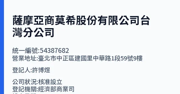 薩摩亞商莫希股份有限公司台灣分公司的照片-統編 54387682(臺北市) 公司登記資料與營業項目詳細圖表