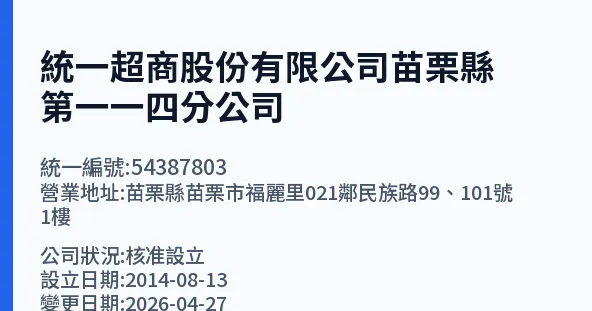 統一超商股份有限公司苗栗縣第一一四分公司的照片-統編 54387803(苗栗縣) 公司登記資料與營業項目詳細圖表