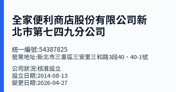 全家便利商店股份有限公司新北市第七四九分公司的照片-統編 54387825(新北市) 公司登記資料與營業項目詳細圖表